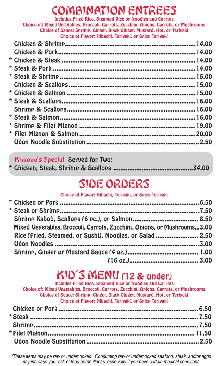 Menu – Kimono Japanese Restaurant – Summit Square